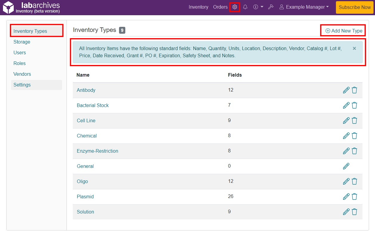 Inventory Types – LabArchives Gov