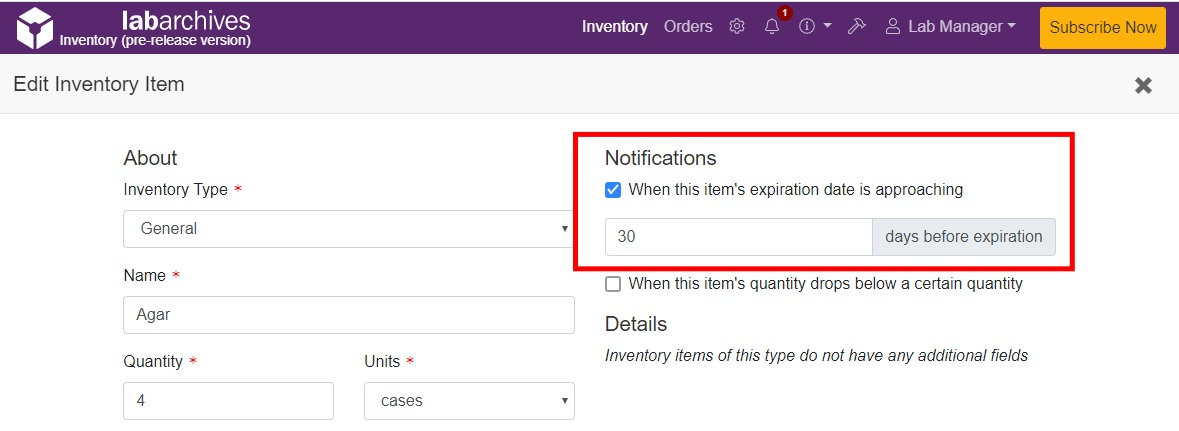 Inventory Level and Expiration Notifications – LabArchives Gov