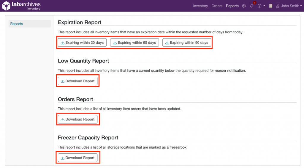 Inventory Reports – LabArchives Gov
