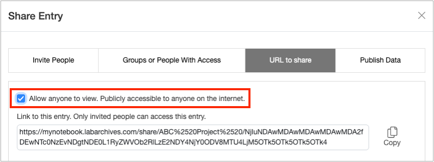 Publishing Data through a Shared URL – LabArchives Gov